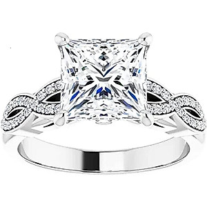 Moissanite World 2 Carat Princess Cut Colorless Moissanite Engagement Ring, Bridal Ring Set, Solitaire Twist Style, Sterling Silver Vintage Antique Anniversary Promise Ring (7.5)