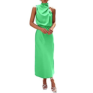 PRETTYGARDEN Women's 2023 Summer Satin Dress Elegant Sleeveless Mock Neck Cocktail Party Maxi Dresses (Grass Green,Small)