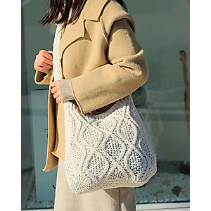 ENBEI Women's Shoulder Handbags Crochet Bags aesthetic canvas cute Shopping tote (White)