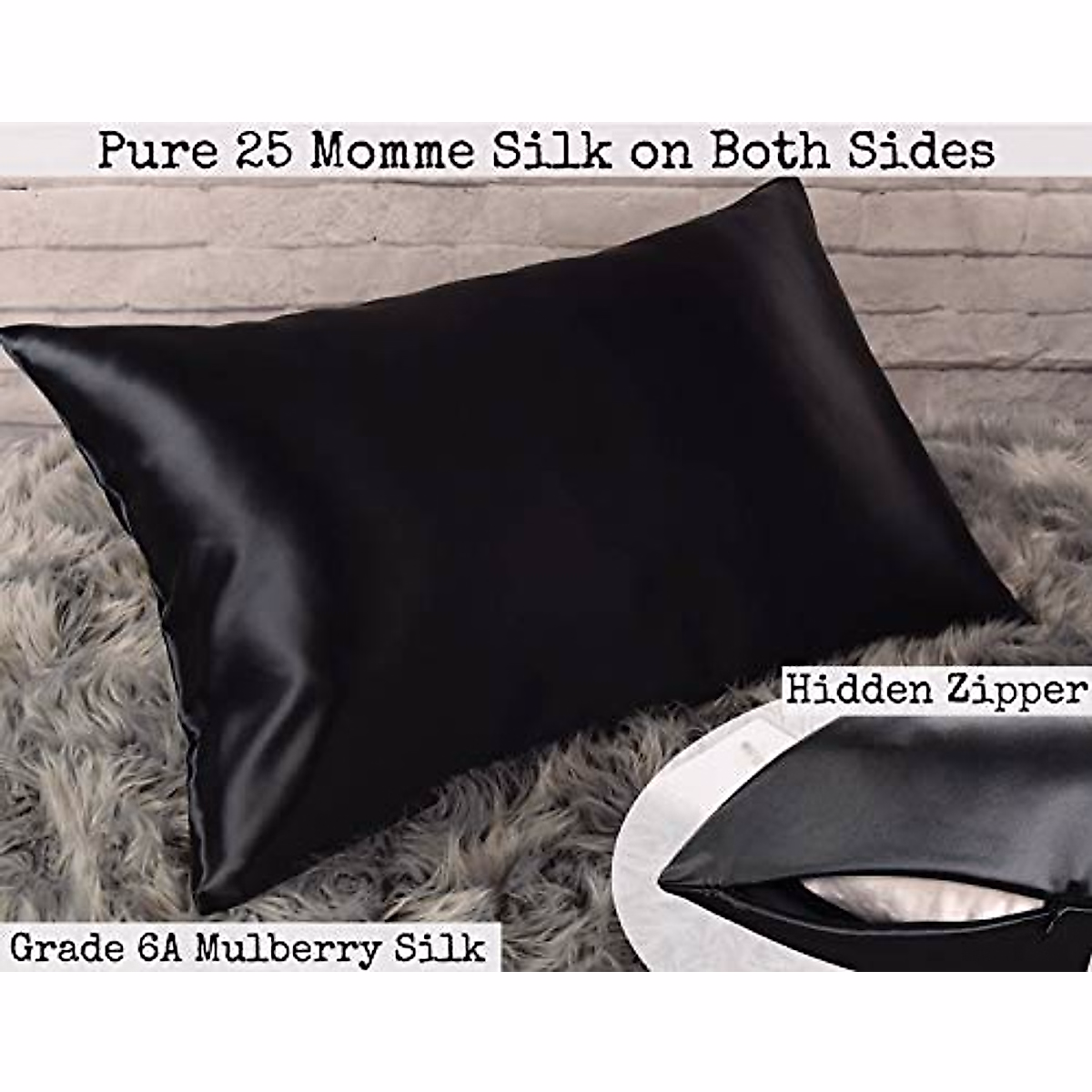 Celestial Silk 100% Silk Pillowcase for Hair Zippered Luxury 25 Momme Mulberry Silk Charmeuse Silk on Both Sides of Cover -Gift Wrapped- (Standard, Black)