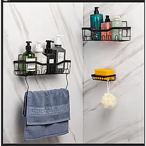 Shower Caddy Shelves, Adhesive Shower Organizer,Rustproof Stainless Steel Shower Shelf for Inside Shower, No Drilling Rustproof Bathroom Shower Caddy Basket Shelf with Soap Holder and 4 Hooks (Black)