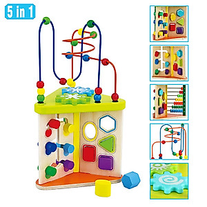 ACOOLTOY Wooden Activity Cube 5 in 1, Baby Activity Center for Boys and Girls 1,2,3 Years Old