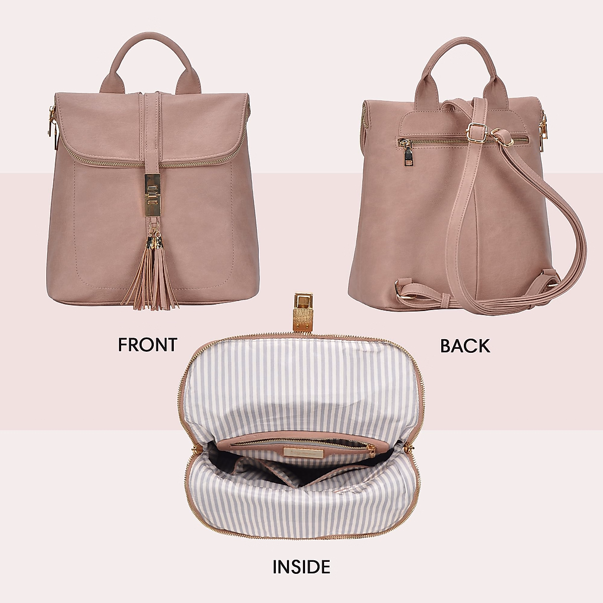 Miztique Diana Backpack Purse | Soft Vegan Leather Flap Over Tote Bag | 11L x 5.25W x 12H (Blush)