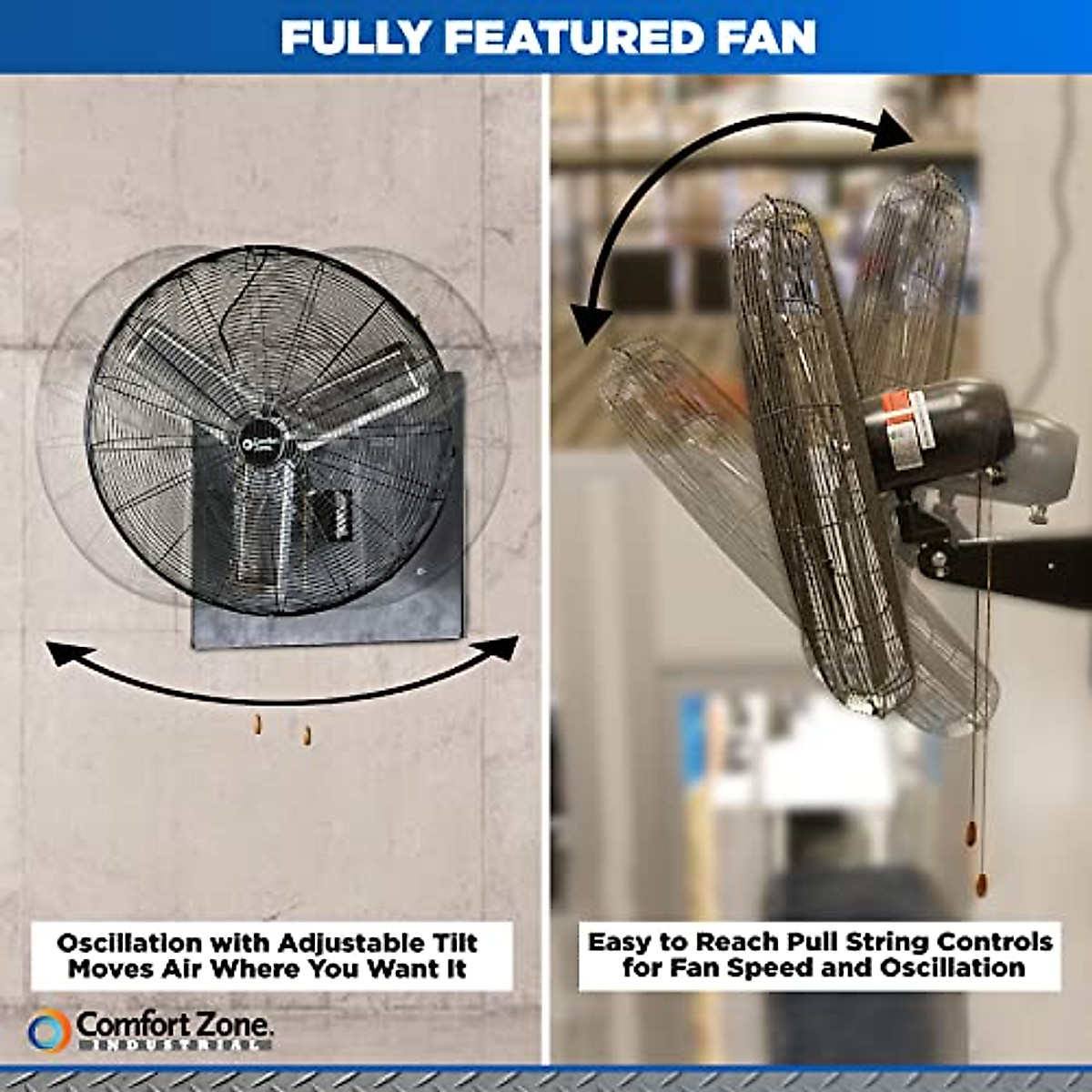 Comfort Zone CZHVW30EX 30” 2-Speed Oscillating High Velocity Industrial Wall Fan, All-Metal Construction, Adjustable Tilt, Steel Mounting Bracket with Adjustable Angle, Aluminum Blades, Black
