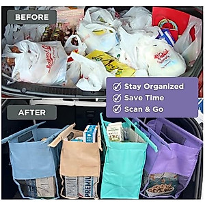 Lotus Trolley Bags -set of 4 -w/LRG COOLER Bag & Egg/Wine holder! Reusable Grocery Cart Bags sized for USA. Eco-friendly 4-Bag Grocery Tote. (Purple, Turquoise, Blue, Brown,)