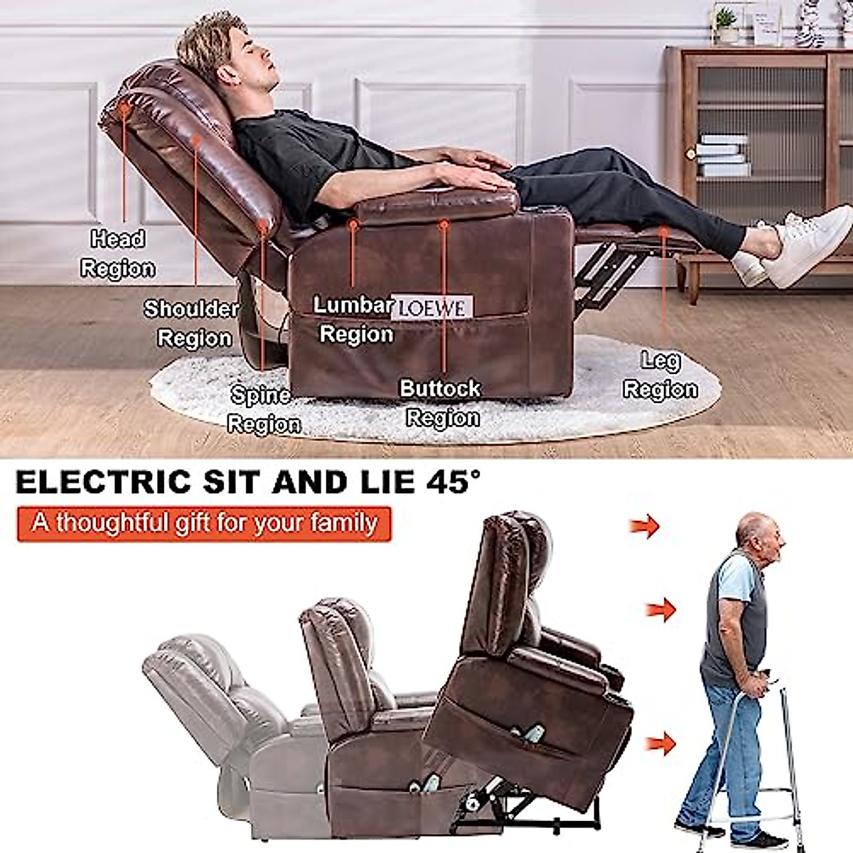 COMHOMA Power Lift Recliner Chairs for Elderly Big Heated Massage Recliner Sofa PU Leather with Infinite Position 2 Side Pockets and Cup Holders (Brown)