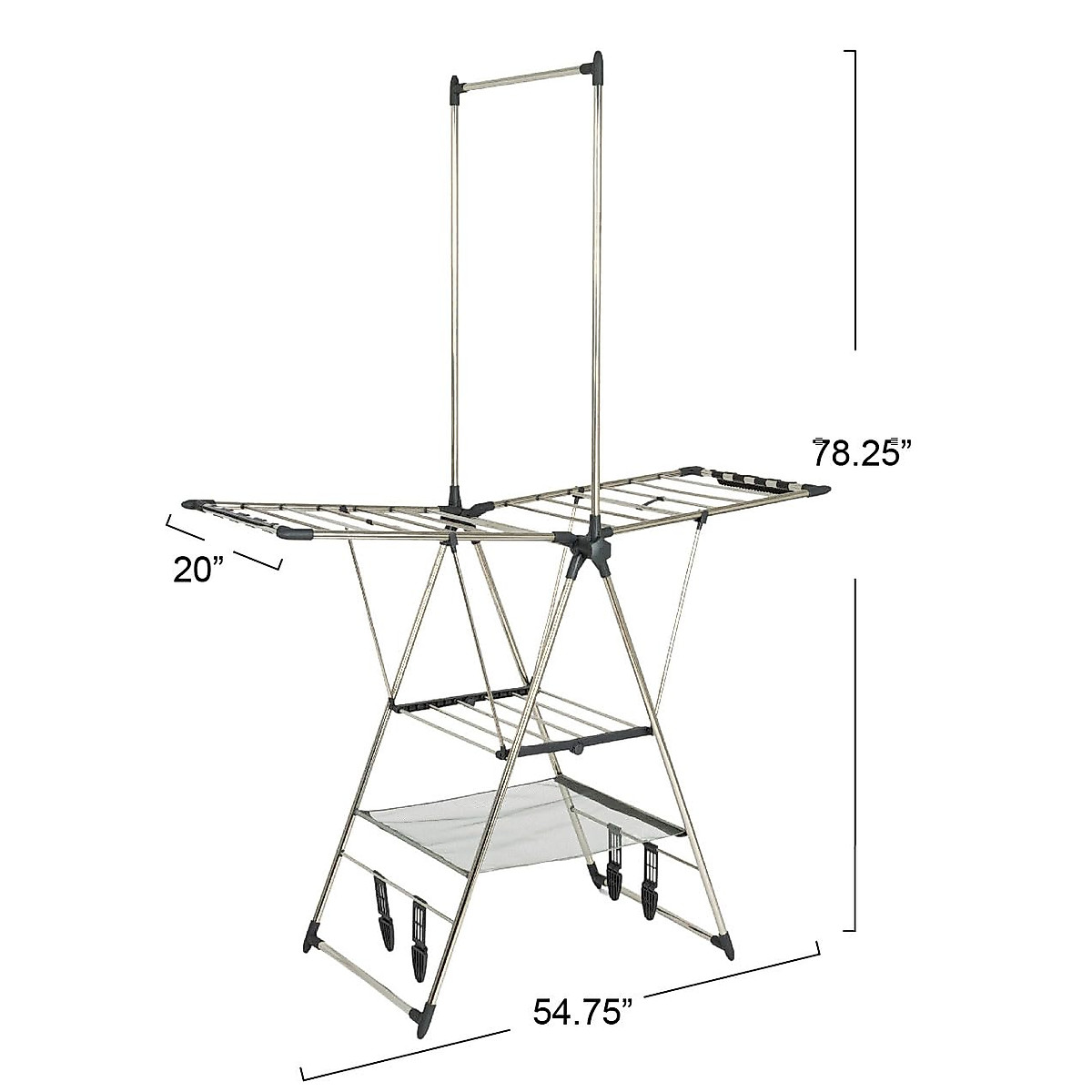 Household Essentials Multi Tier Stainless Steel Laundry Drying Rack with T Bar and Two Side Wings, Silver