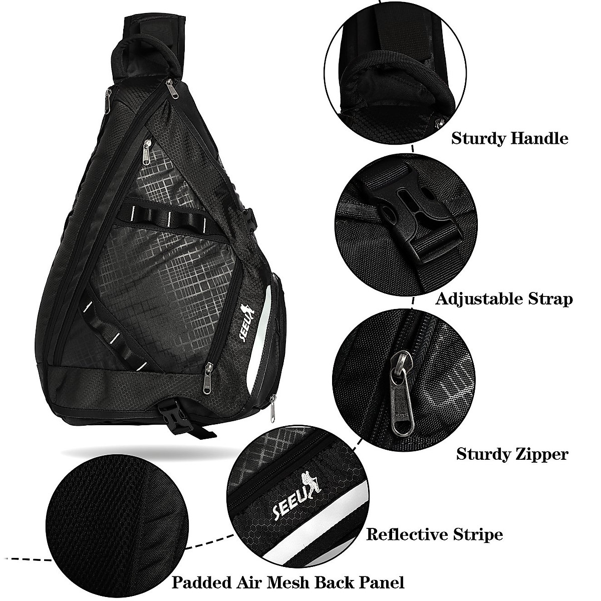 SEEU Large Sling Bag Backpack with Shoe Pocket, 32L Multi-Pocket Gym Bag (Black)