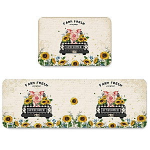 LooPoP Bright Yellow Sunflower Kitchen Mats for Floor Cushioned Anti Fatigue 2 Piece Set Kitchen Runner Rugs Non Skid Washable Farmhouse Pig and Truck 15.7x23.6+15.7x47.2