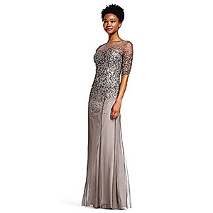Adrianna Papell Women's 3/4 Sleeve Beaded Illusion Gown with Sweetheart Neckline, Lead, 14