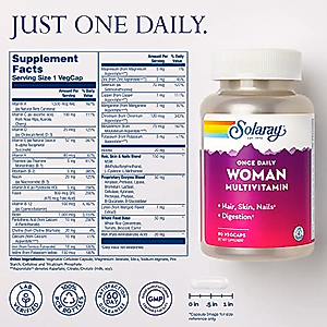 Solaray Once Daily Woman Multivitamin with Iron, Women’s Multivitamin with Hair, Skin & Nails Blend, Enzyme Blend & Whole Food Base, Healthy Energy, Immune & Digestion Support, 90 Servings, 90 VegCaps
