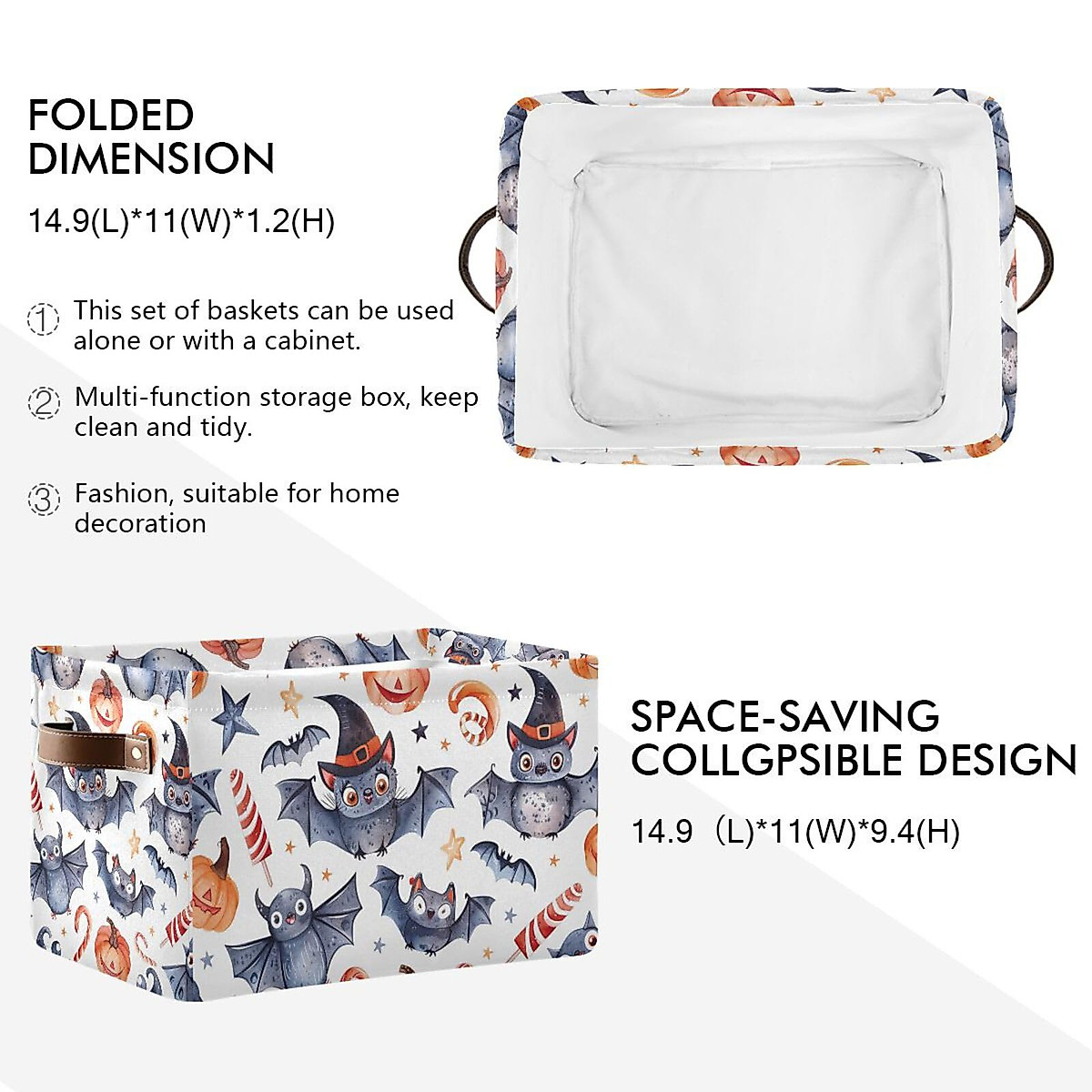 senya Halloween Storage Basket, Bats Pumpkins Candy Foldable Fabric Collapsible Storage Bins Organizer Bag for Storage Clothes