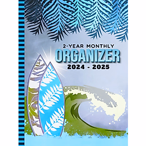 2-Year Monthly Organizer 2024-2025: Hardcover / 8.5x11 Large Dated Monthly Schedule With 100 Blank College-Ruled Paper Combo / 24-Month Life ... Beach Surfboard Ocean Wave Theme Art Cover