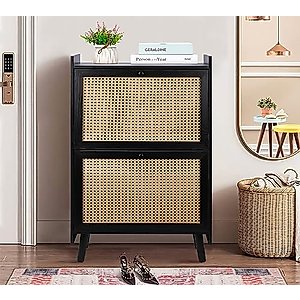 ZYBT Black Entryway Shoe Storage Organizer, Wooden Shoe Rack for Door, Free Standing Shoe Racks for Entryway, Shoe Storage Cabinet for Entryway Slim, 2 Flip Drawers Rattan Shoe Organizer