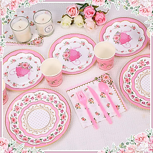 400 Pcs Tea Party Plates and Cups and Napkins Sets Flower Plates and Napkins Party Supplies Tea Party Decorations Disposable Dinnerware Set for Birthday, Baby Shower, Wedding, Bridal Shower