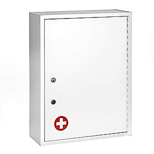 AdirMed Large Dual-Lock Medicine Cabinet – Wall Mounted & Secure Steel Medicine Pills & First Aid Kit & Emeergency Kit Box with Locks for Home Office & School Use (White)