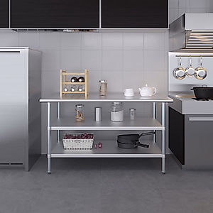 60" Long X 30" Deep Stainless Steel Work Table with 2 Shelves | Metal Food Prep Station | Commercial & Residential NSF Utility Table