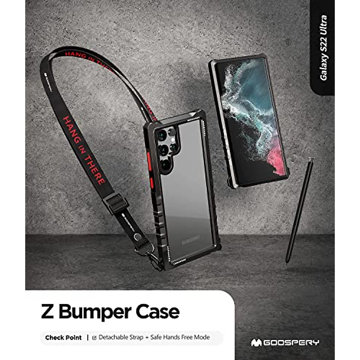 GOOSPERY Z Bumper Compatible with Galaxy S22 Ultra Case [Free Strap Included] Shock Absorbing Dual Layer Structure TPU Edge Crystal Clear PC Back Cover with Shoulder Strap - Black