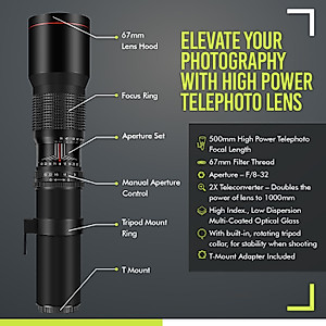 Big Mike’s High-Power 500mm/1000mm f/8 Manual Telephoto Lens for Nikon DSLR, Black