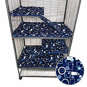 Handmade Fleece Cage Liners for Midwest Double Critter/Ferret Nation, Full set 7-pieces, Rats, Ferrets, Chinchillas, other small animals (Blue Retro Geometric)