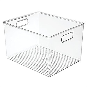 mDesign Large Modern Stackable Plastic Storage Organizer Bin Basket with Handle for Bathroom Vanity Organization - Shelf, Cubby, Cabinet, and Closet Organizing Decor, Ligne Collection - Clear