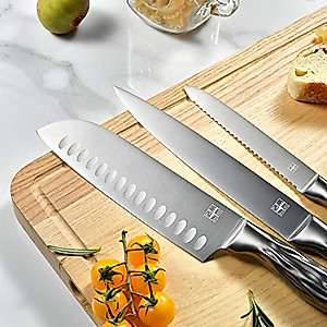 EUNA Chef Knife Set, 5 Pieces Ultra Sharp Kitchen Knife Set High Carbon Stainless Steel Cooking Knives Set with PP Ergonomic Handle, Sheaths and Gift Box (Grey)