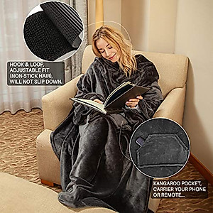 Wearable Fleece Blanket with Sleeves & Foot Pocket for Adult Women Men,Lightweight Soft Plush TV Blanket Wrap Throw with Sleeves and Adjustable Hook & Loop 79" x 67" Charcoal (Kangaroo Pocket)