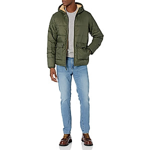 Amazon Essentials Men's Long-Sleeve Water-Resistant Sherpa-Lined Puffer Jacket, Dark Olive, Medium