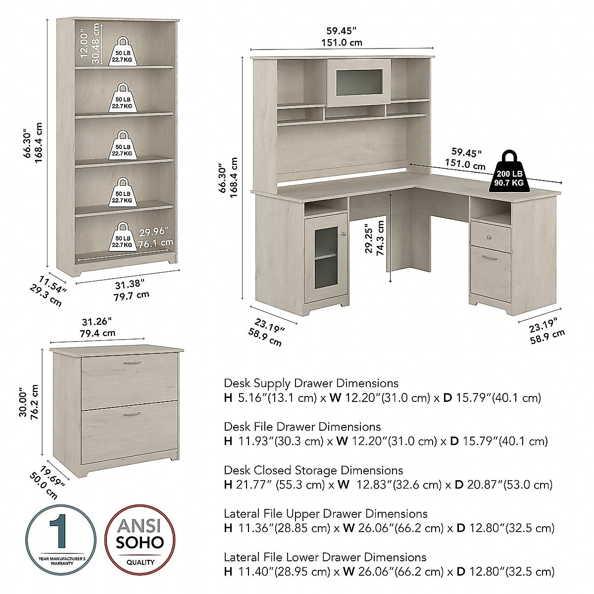 Bush Furniture L Shaped Desk with Hutch, 5 Shelf Bookcase and Lateral File Cabinet | Cabot Collection Corner Computer Table with Storage and Bookshelf | 60Wx23DX37W