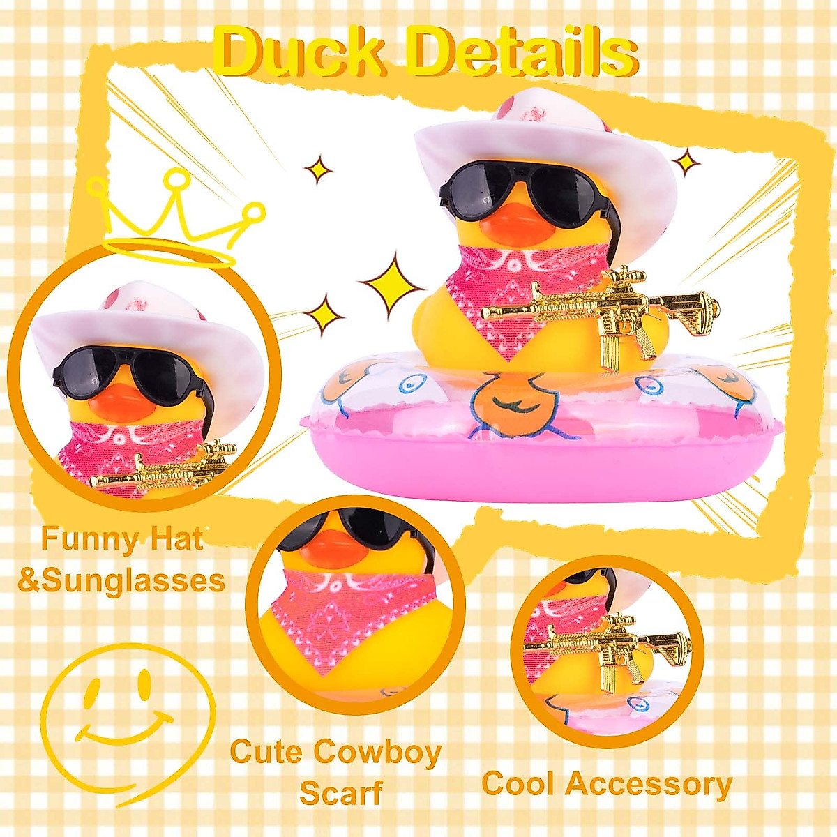MuMyer Cowboy Duck Car Dashboard Decorations Rubber Duck Car Ornaments with Cool Accessories Mini Swim Ring Sun Hat Sunglasses Scarf or Necklace for Dashboard Decoration