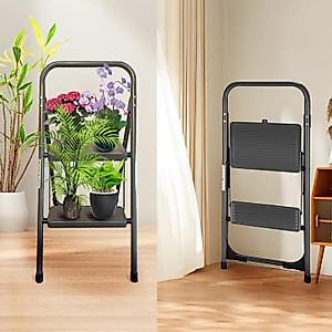 Step Ladder Folding 2 Step Stool Adult with Wide & Anti-Slip Pedals Ergonomic Portable Steel Ladder for Household, Kitchen, Office 330LBS (Gray, 2 Step)