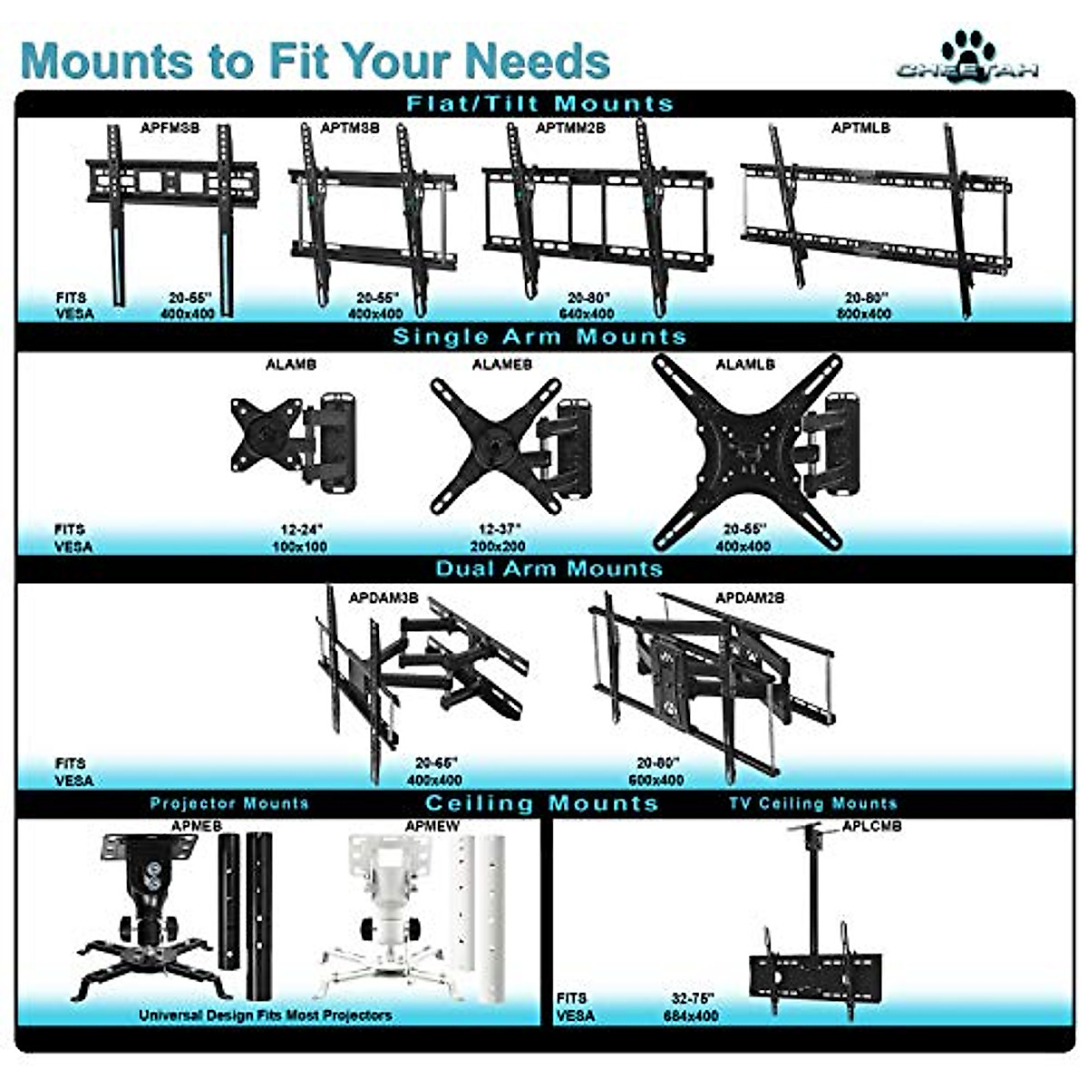 Cheetah APTMSB TV Wall Mount for 20-55” TVs up to VESA 400 and 115lbs, and fits 16” Wall Studs, and Includes a Tilt TV Bracket, a 10’ Twisted Veins HDMI Cable and a 6” 3-Axis Magnetic Bubble Level