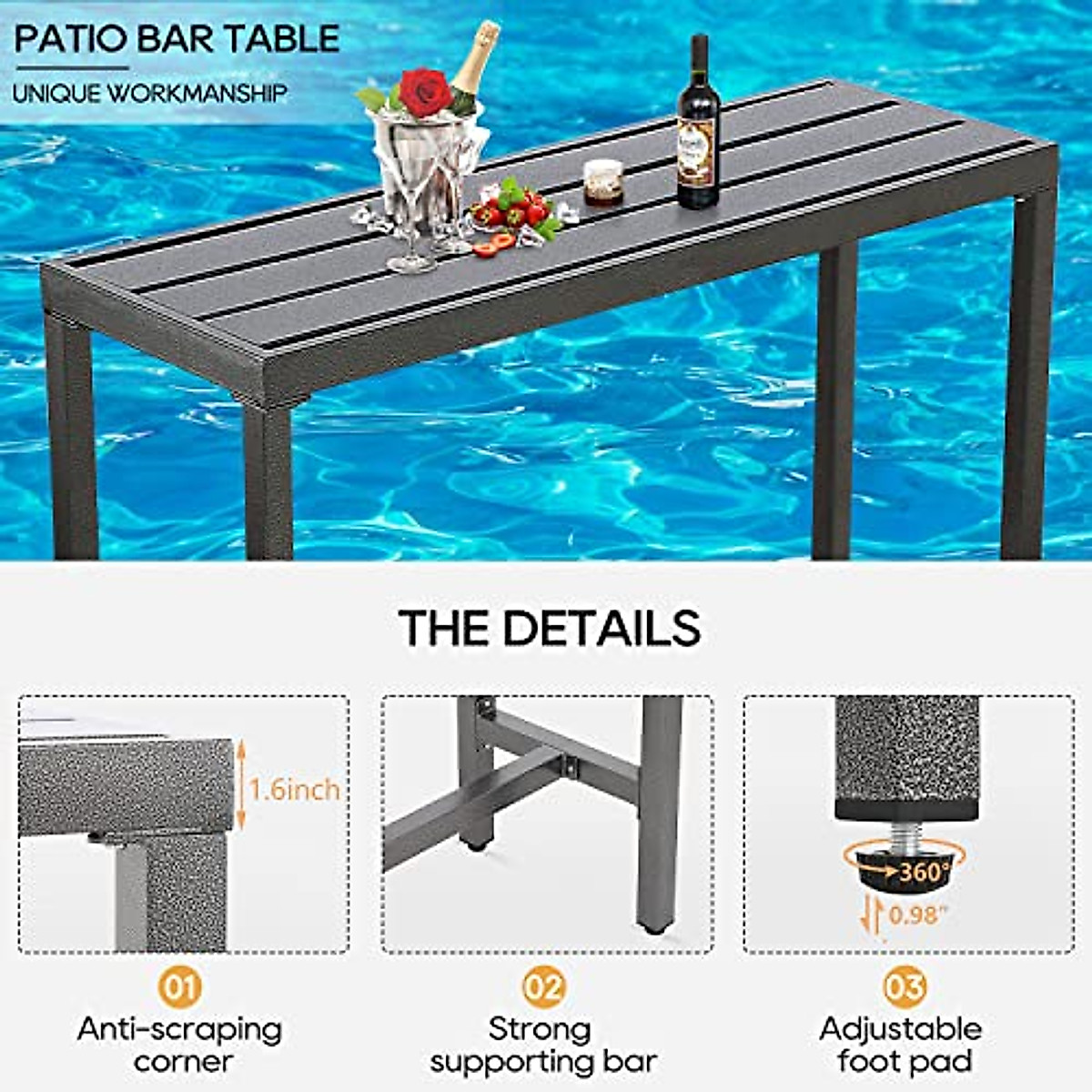 ONLYCTR Outdoor Bar Chairs and Table, Metal Outdoor Bar Set, 3 Piece Patio Bar Table Set with Bar Stools & Cushions for Backyard, Porch, Bistro, Balcony (Gray, 55" Table, 2 X-Back stools)