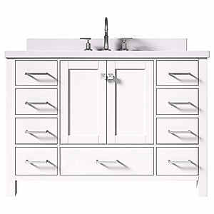 ARIEL Bathroom Vanity 49" Inch in White with Pure White Quartz Countertop, Oval Sink, 2 Soft Closing Doors and 9 Full Extension Dovetail Drawers, No Mirror