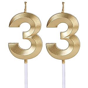 Gold 33rd Birthday Candles for Cakes, Number 33 3 Candle Cake Topper for Party Anniversary Wedding Celebration Decoration