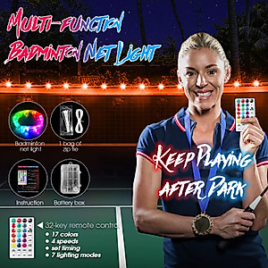 YepItIs Badminton Net Light, 17 Colors 7 Modes Waterproof LED Light with Remote for Backyard Badminton Volleyball Game at Night, Great Addition to LED Shuttlecocks for Net Up to 17FT(Net not Include)