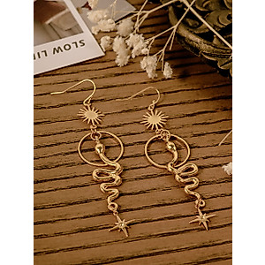 Sacina Gothic Sun Star Snake Earrings, Gold-Plated- Brass Snake Sun Star Pendant, Celestial Earrings, Goth Halloween Christmas New Year Jewelry Gift for Women