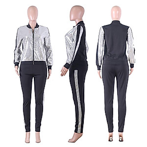 SIAEAMRG Women 2 Piece Glitter Sequin Outfits Tracksuit, Long Sleeve Jacket Tops Bodycon Long Pants Sparkle Sweatsuit Club Wear (Silver, L)