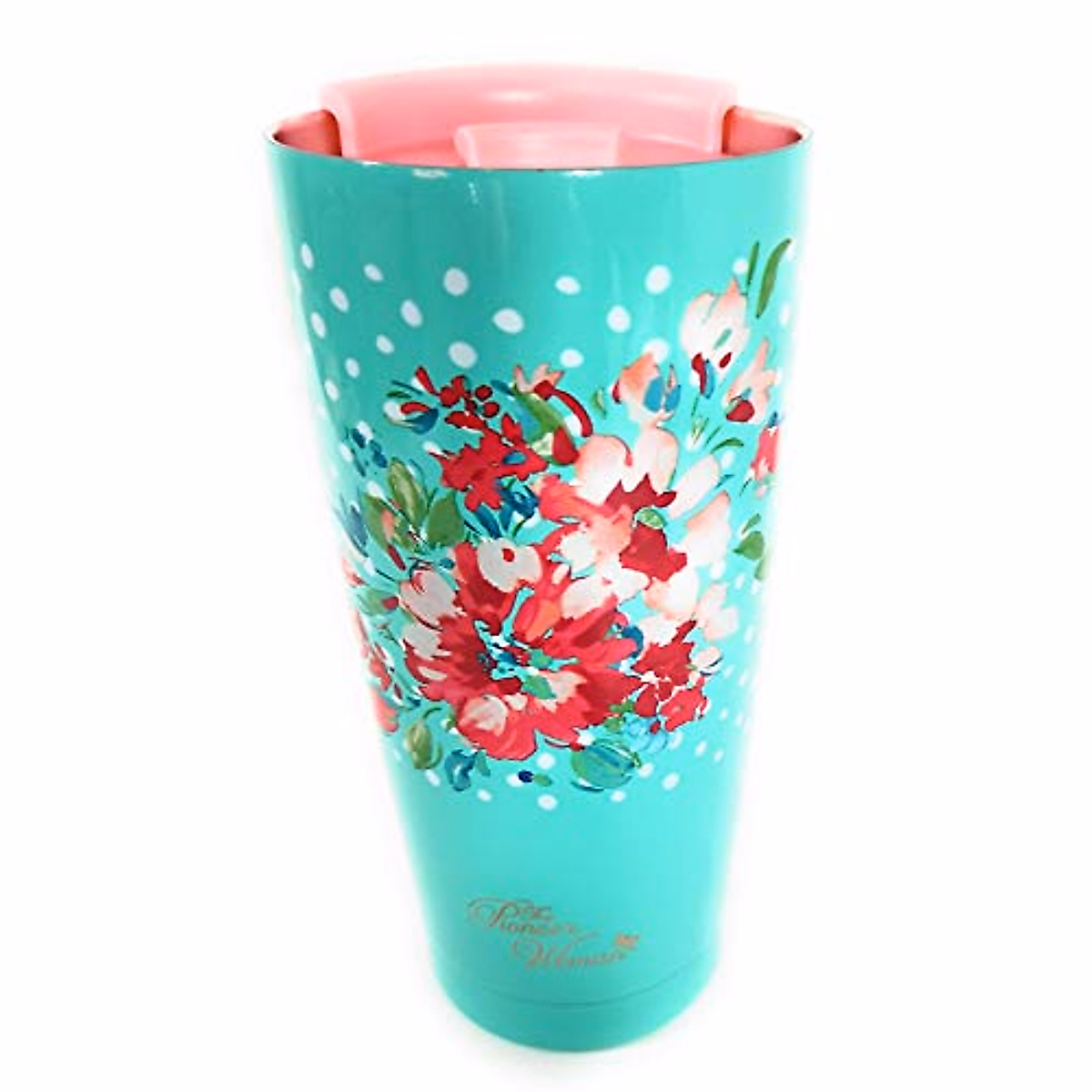 The Pioneer Woman Garden Stainless Steel Double Wall Vacuum Insulated Maverick Tumbler with Sliding Lid, 20 oz, Turquiose with Floral and Dots Design