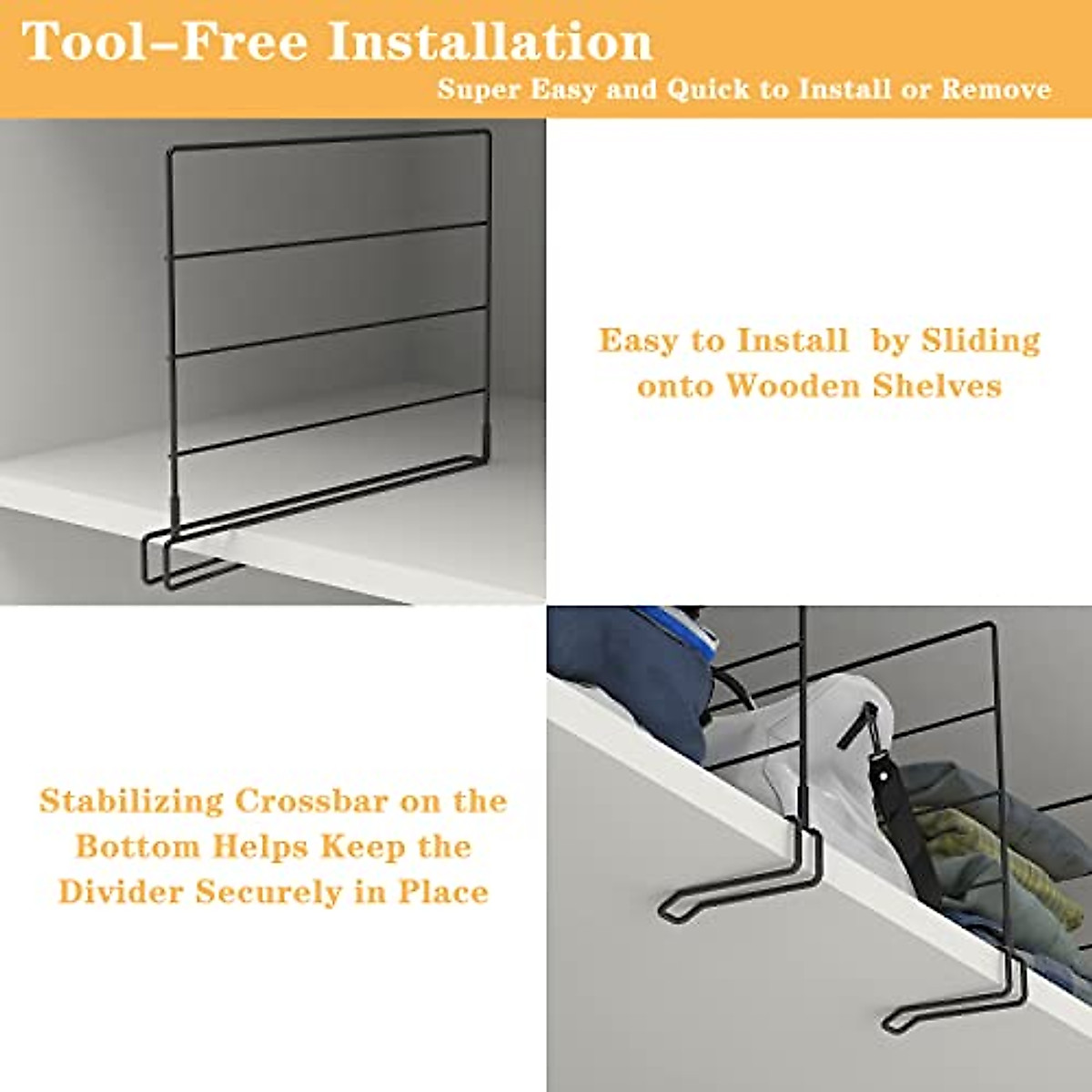 Sunexinlo Shelf Dividers,12 pcs Black Wire Shelf Wood Closet Organizers and Storage for Bedroom