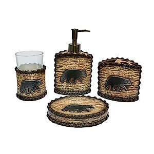 Paseo Road by HiEnd Accents | Lodge Bear 4 Piece Resin Bathroom Set with Soap Lotion Dispenser, Tumbler, Toothbrush Holder, Soap Dish, Rustic Cabin Lodge Style
