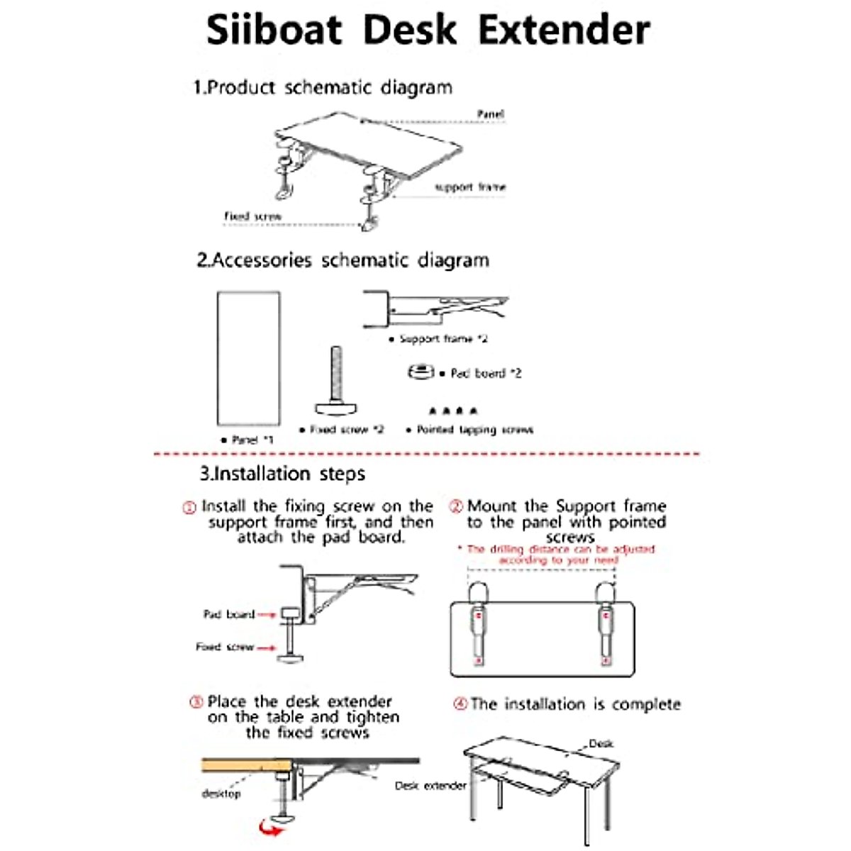Siiboat Desk Extender Ergonomic Computer Table Extension Arm Support Collapsible Keyboard Tray for Square Tabletop - Carbon Fiber 25.2" x 9.45"