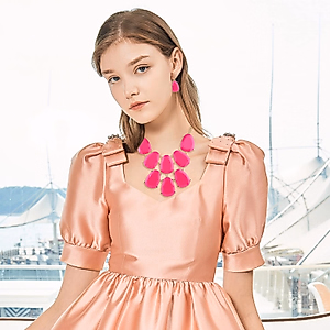 Firstmeet Statement Bubble Chunky Pendant Necklace with Earrings(XL-1123-Hot Pink)