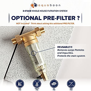 Aquaboon 3-Stage Whole House Water Filter System w/Wrench, Iron White Coated Bracket & Pressure Gauge & Release Button (1" Port) - w/Premium GAC & PP Sediment & String Wound Sediment Filter Cartridges