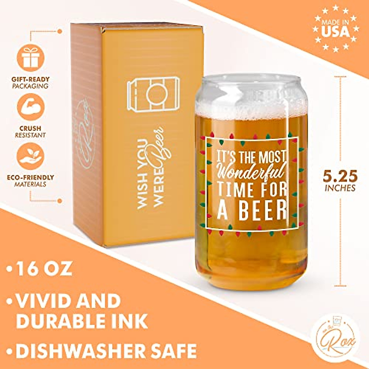 On The Rox Most Wonderful Time for a Beer- Red, Green and White- 16 Ounce Glass- Perfect for Men and Women - Funny Glass (Most Wonderful)