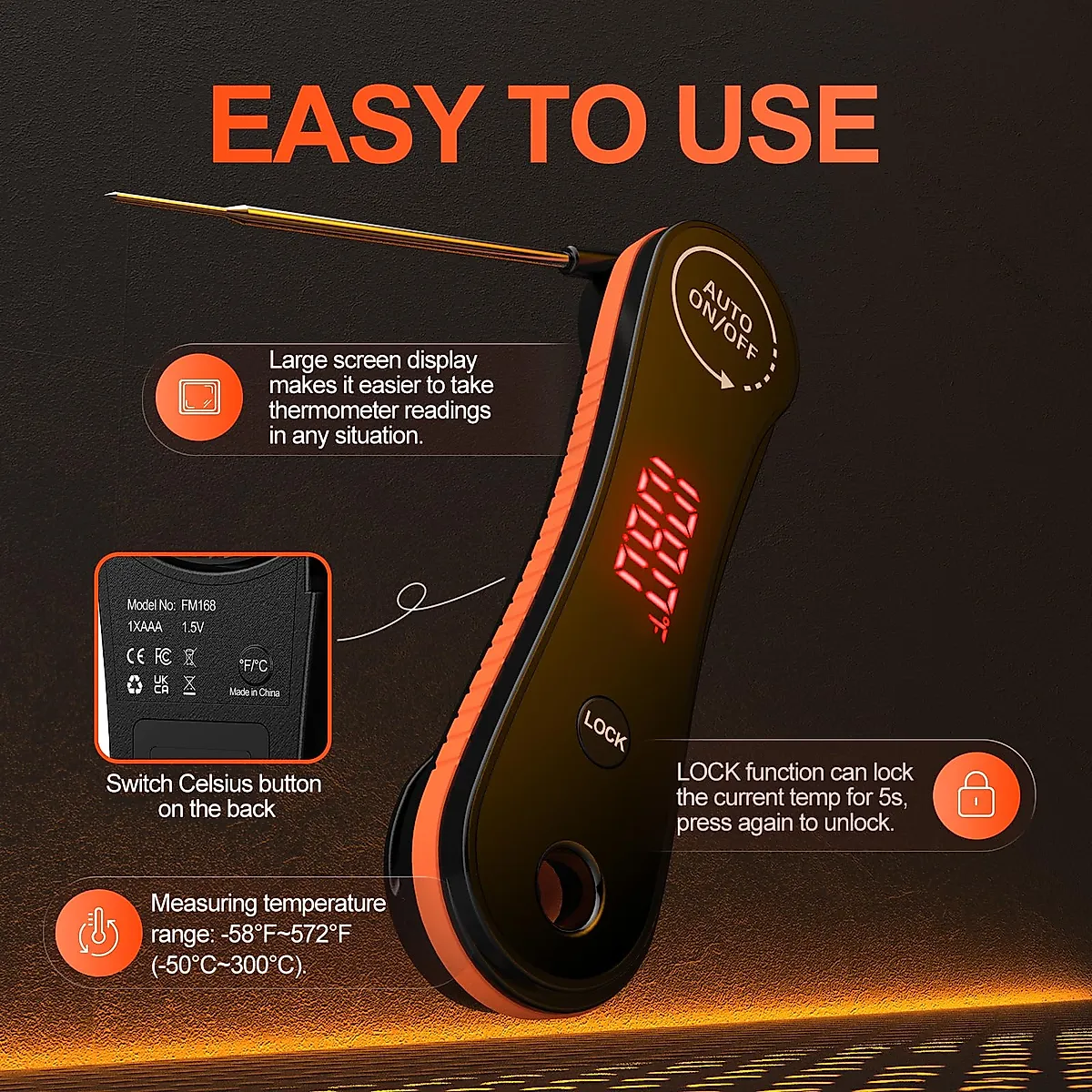 0.5 Seconds Instant Read Digital Meat Thermometer, ±0.5°F Accuracy, 180°Rotating Display, IP67 Waterproof Non-Slip Handle, Lift to Wake and Auto Off, Food Thermometer for Precise Cooking