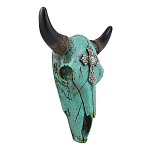 Ebros 10.5" Wide Western Southwest Steer Bison Buffalo Bull Cow Horned Skull Head Turquoise Silver Cross With Floral Lace Design Wall Mount Decor Native Indian Sacred Animal Totem Bust Skulls