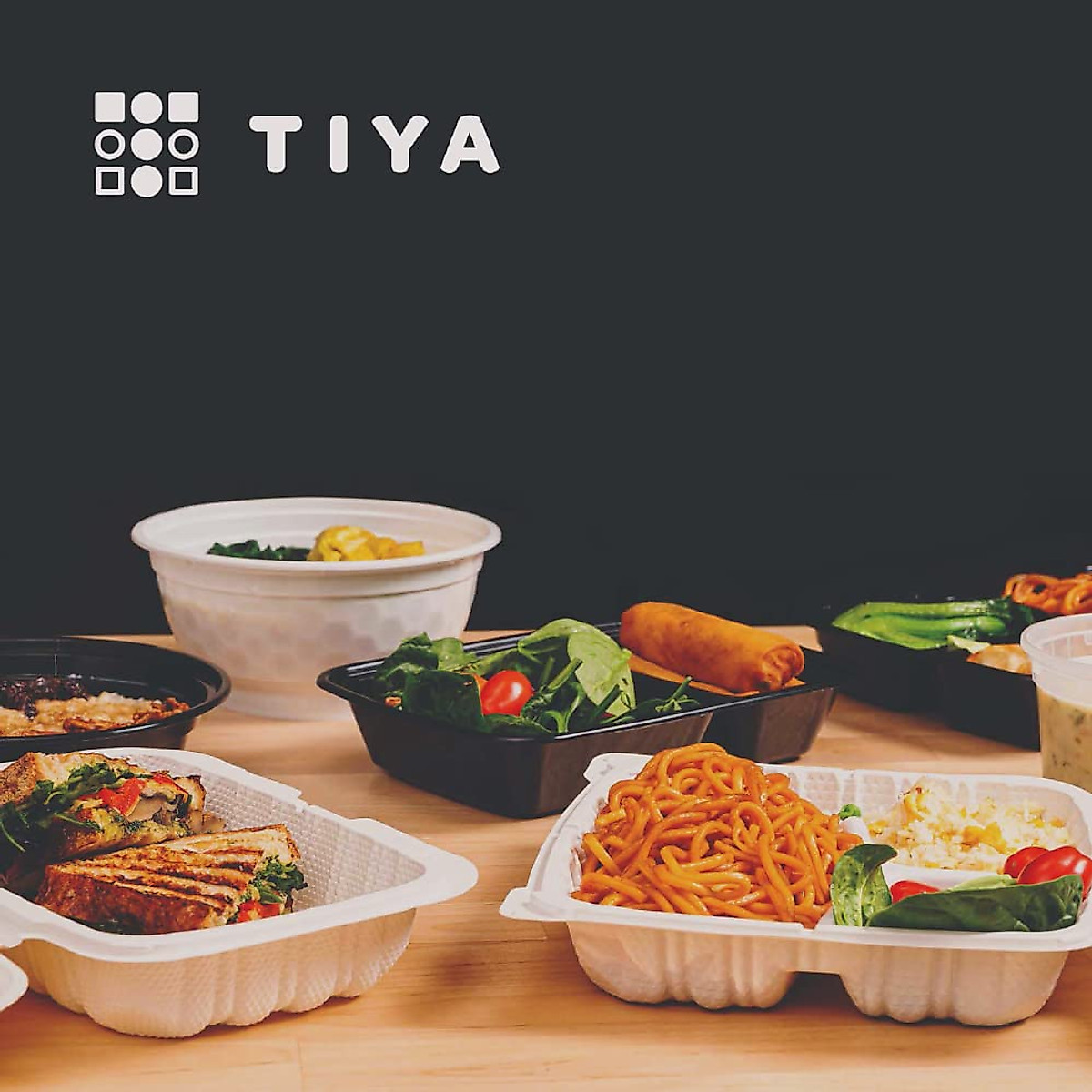 TIYA Food Takeout Bowls - Black Plastic Storage To-Go Containers - Reusable Microwavable Dishwasher Safe Restaurant Bowls - Leak Resistant for Soups & Meal Prep (42 oz Bulk 120 Pack with Clear Lids)