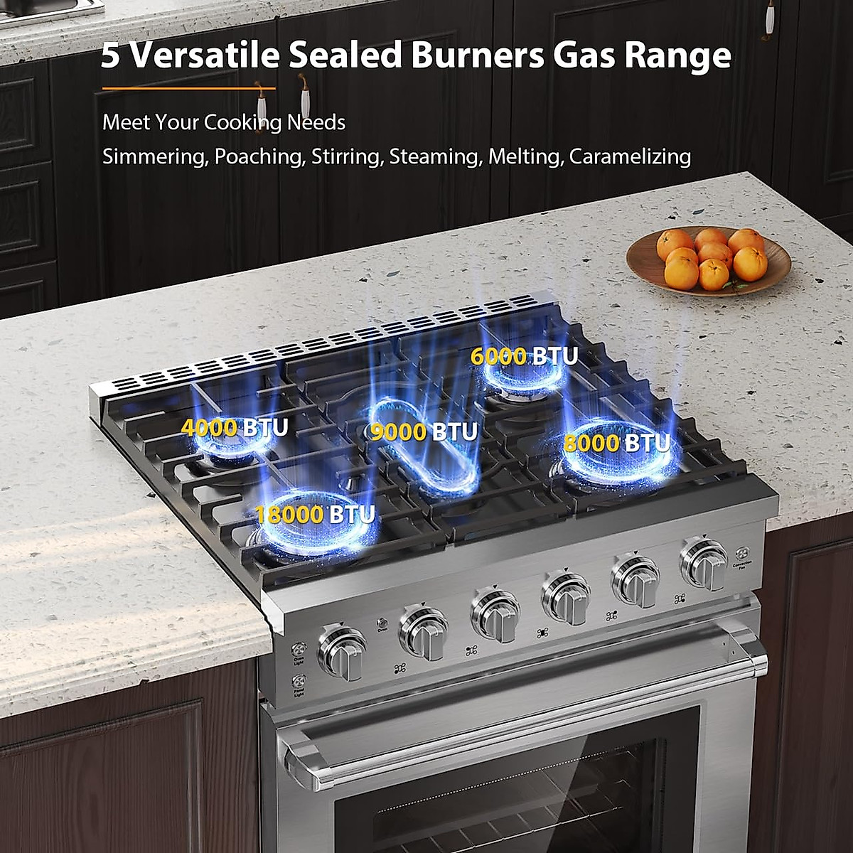 Empava Slide-in & Freestanding Gas Range Stove,4.55 Cu. Ft. Convection Oven Capacity with Mechanical Knobs Control-Heavy Duty Cast Iron Grates 5 Sealed Burners Cooktop, Stainless Steel,30 Inch