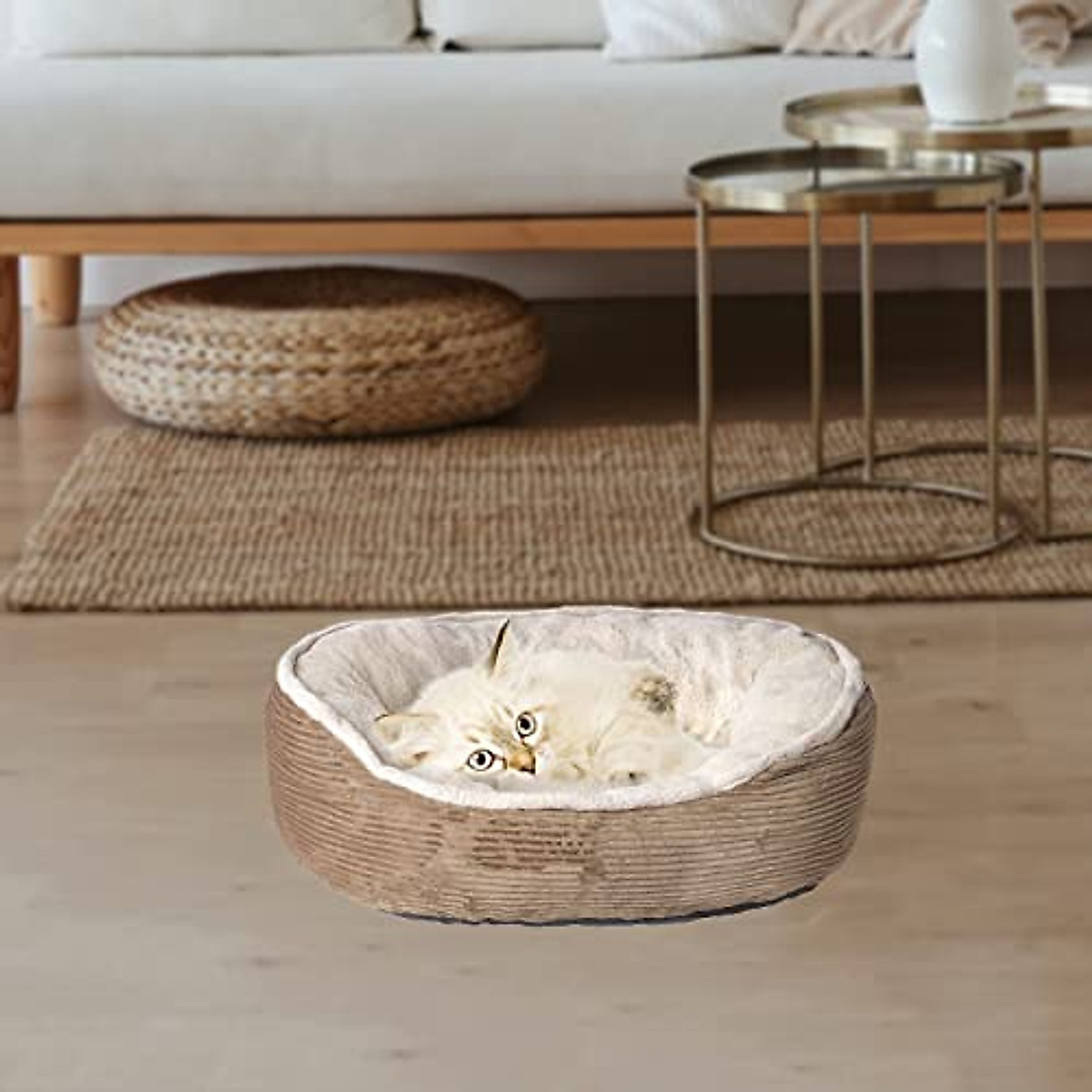 Bellwe Cat Bed, Dog Bed for Small Dogs Plush Round Puppy Bed Non-Slip Bottom Machine Washable Cushion Oval Shape 20/24inch